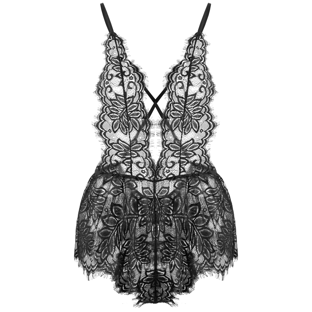 Eyelash Lace Spaghett Strap Bodysuit Women Deep V-neck Teddy Lingerie ...