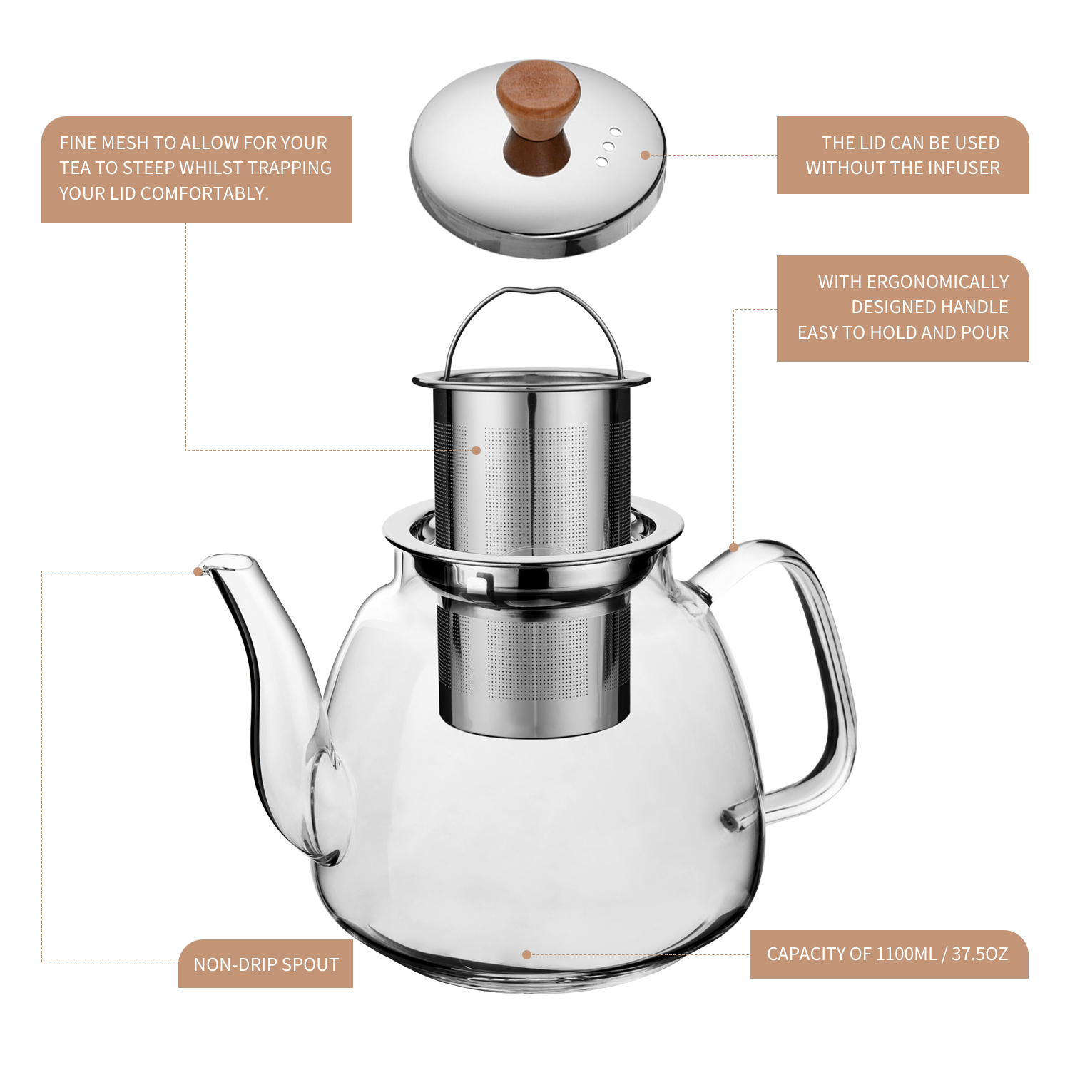 Large Glass Teapot with Stainless Steel Infuser-1100ml(H22) | GnGlass