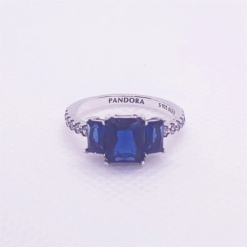 PANDORA Blue Rectangular Three Stone Sparkling Ring