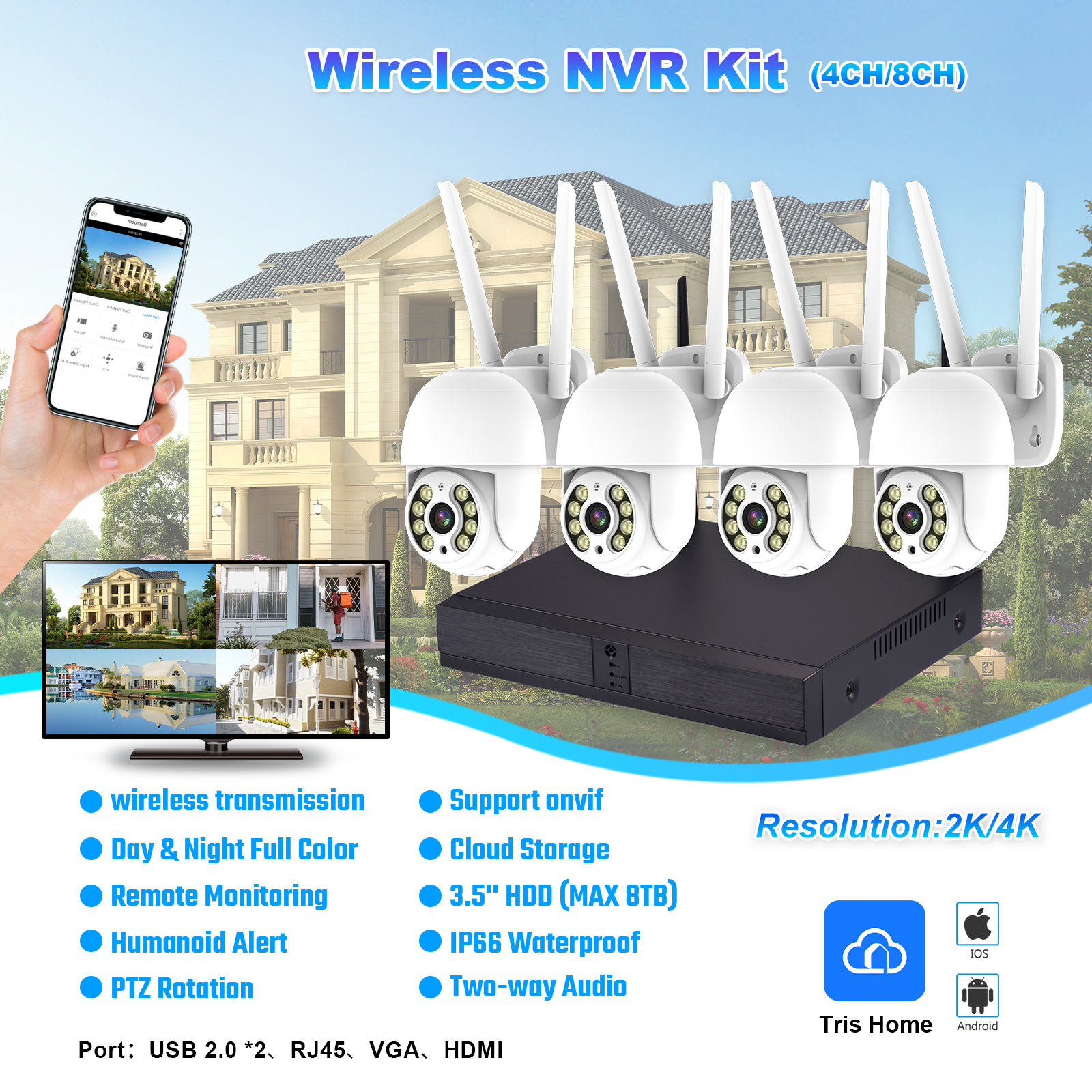 Wireless 3MP 360 Degree Wide Angle PTZ NVR Kits WIFI Security Camera ...