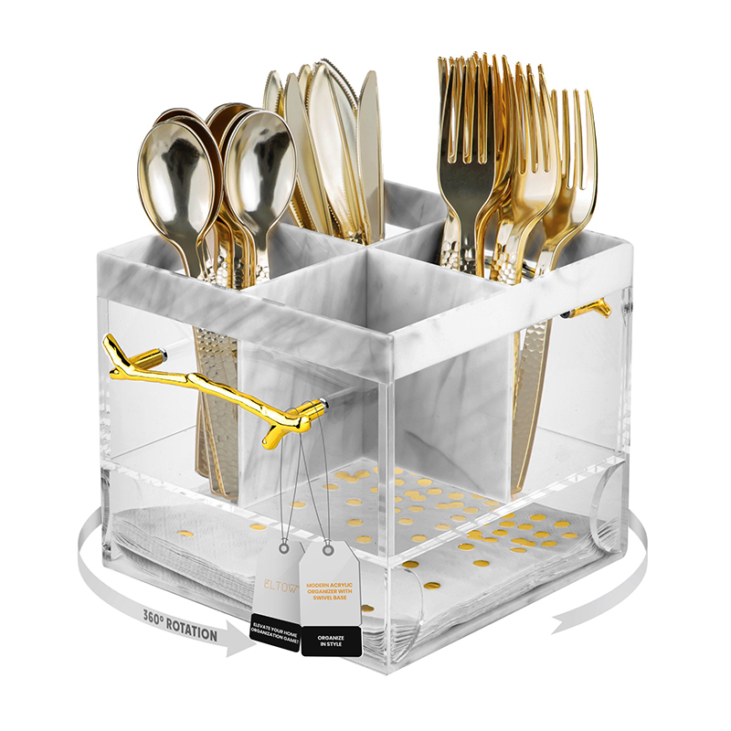 Acrylic Silverware Caddy with Swivel Base | Modern Cutlery & Napkin Holder