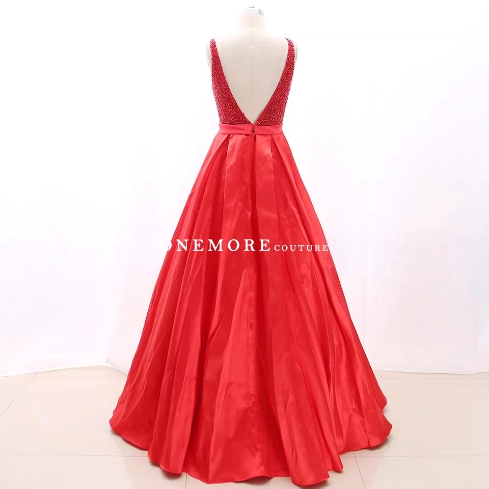 A Line Fully Beaded Red Dress with Plunge V Neck