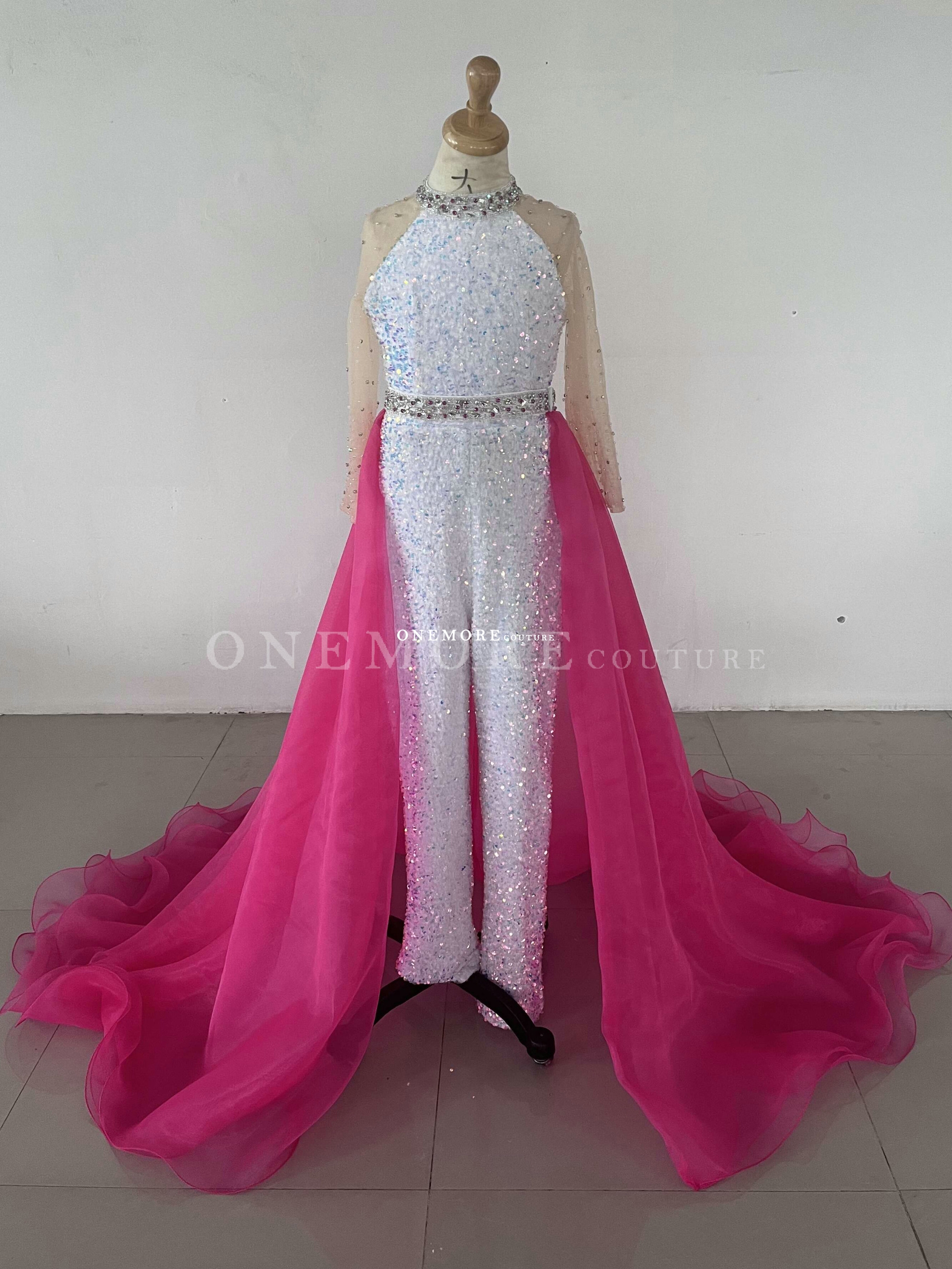 White Sequin Pageant Jumpsuit with Pink Organza Overskirt
