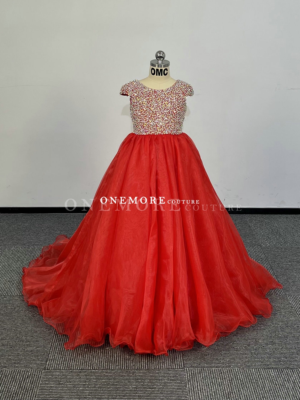 Red Cap-Sleeve Pageant Gown | Girls Crystal Bodice Ball Gown