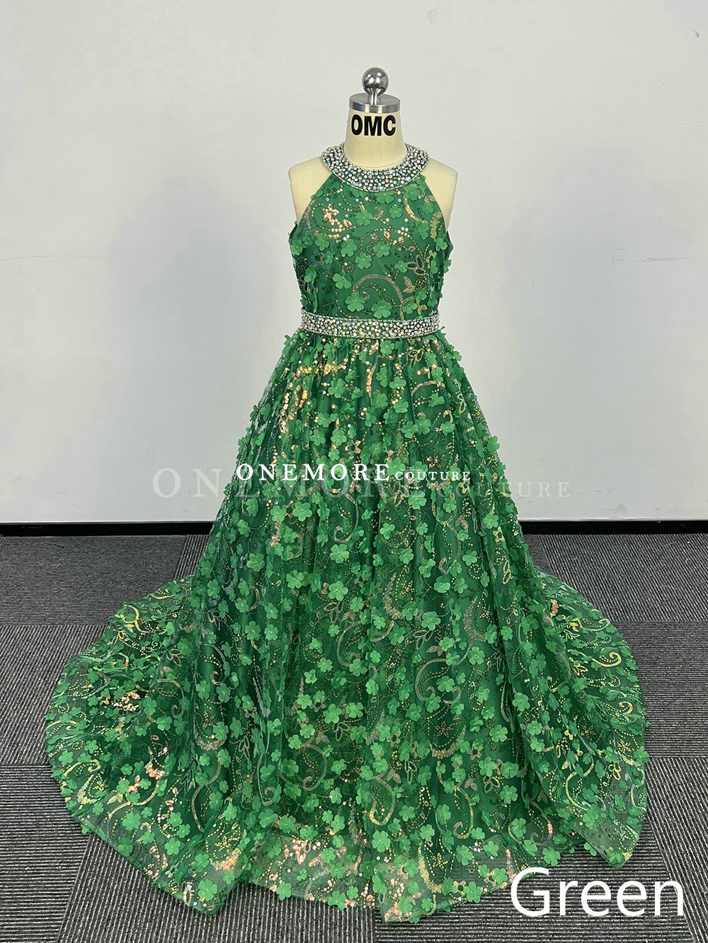 Green Halter Pageant Gown | Girls Floral Lace Ball Gown with Crystal Belt