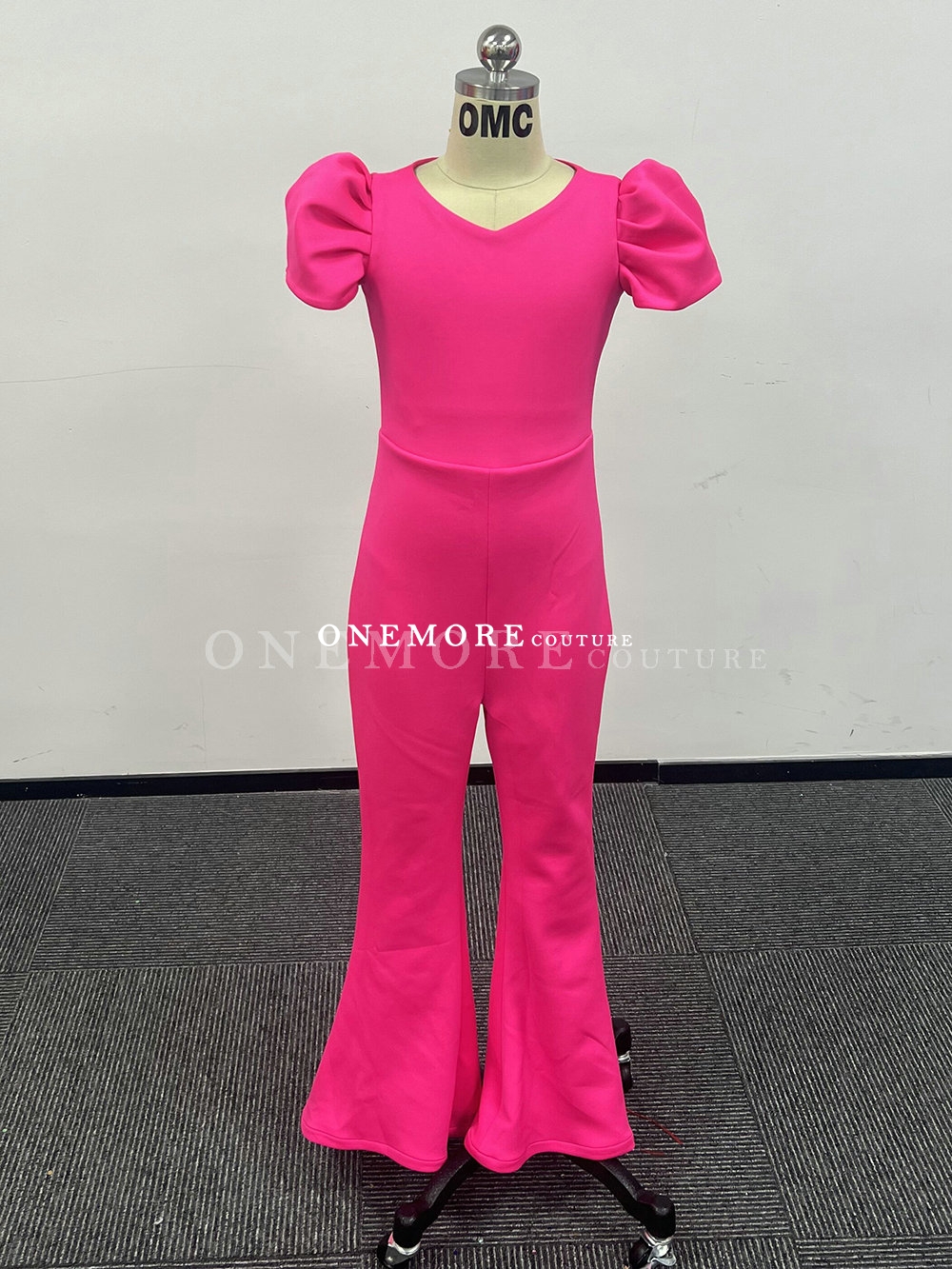 Hot Pink Pageant Jumpsuit for Girls | Puff Sleeve V-Neck with Flared Pants