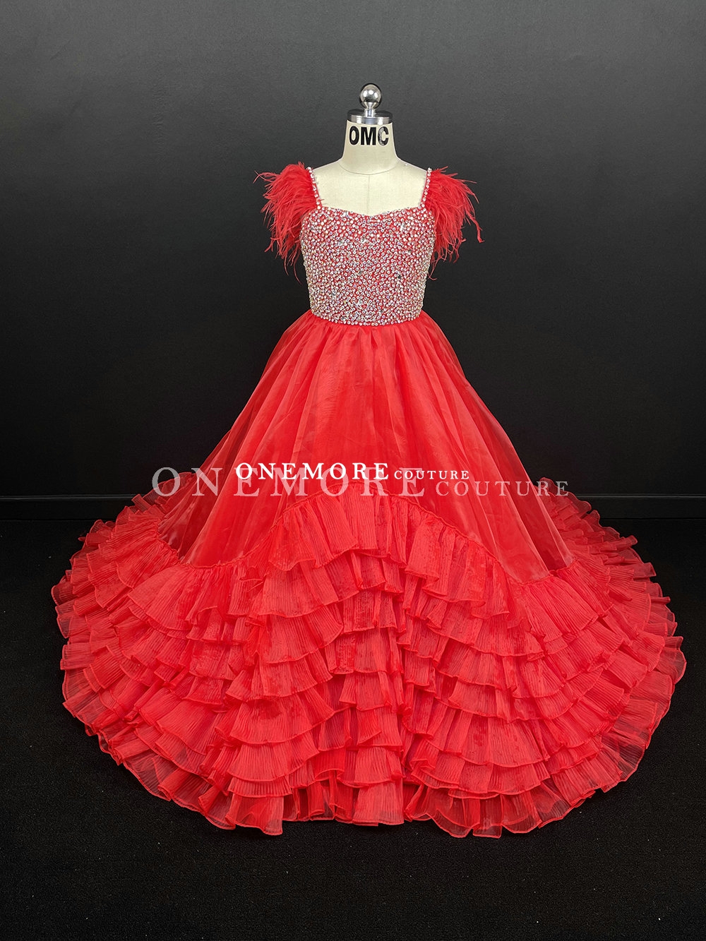 Red Pageant Gown for Girls | Beaded Bodice & Layered Ruffle Ball Gown
