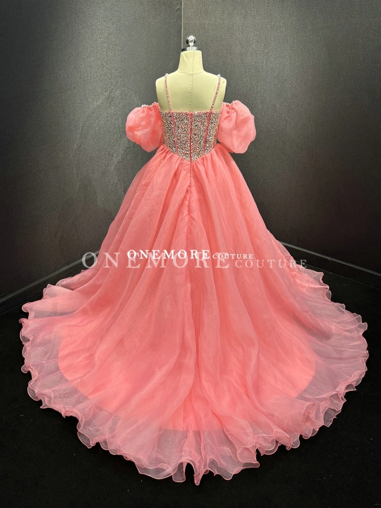 Coral Pink Pageant Gown for Girls | Beaded Bodice & Puffy Sleeve Ball Gown