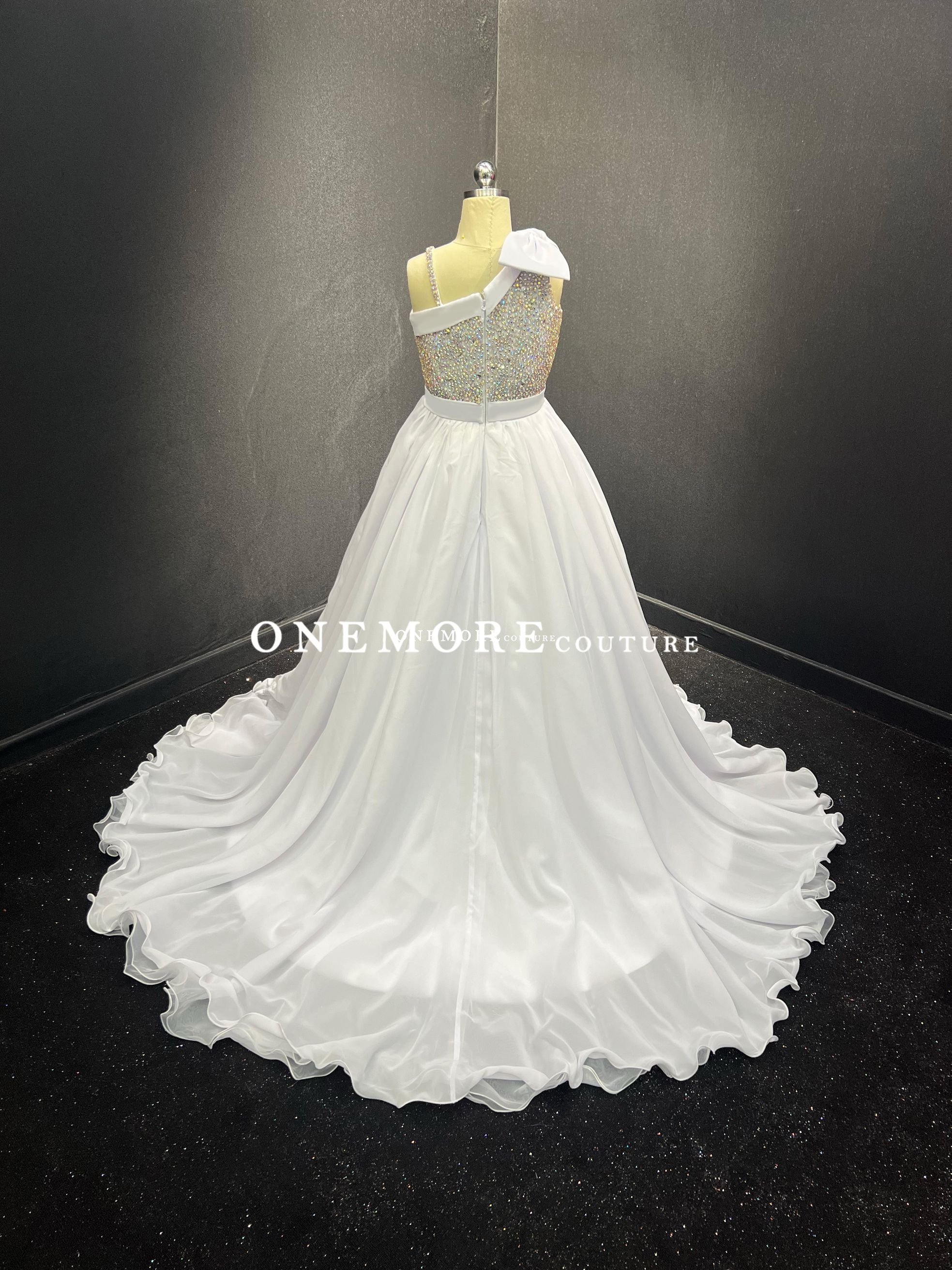 White One Shoulder Pageant Gown For Girls Stoned Bodice And Bow Accent
