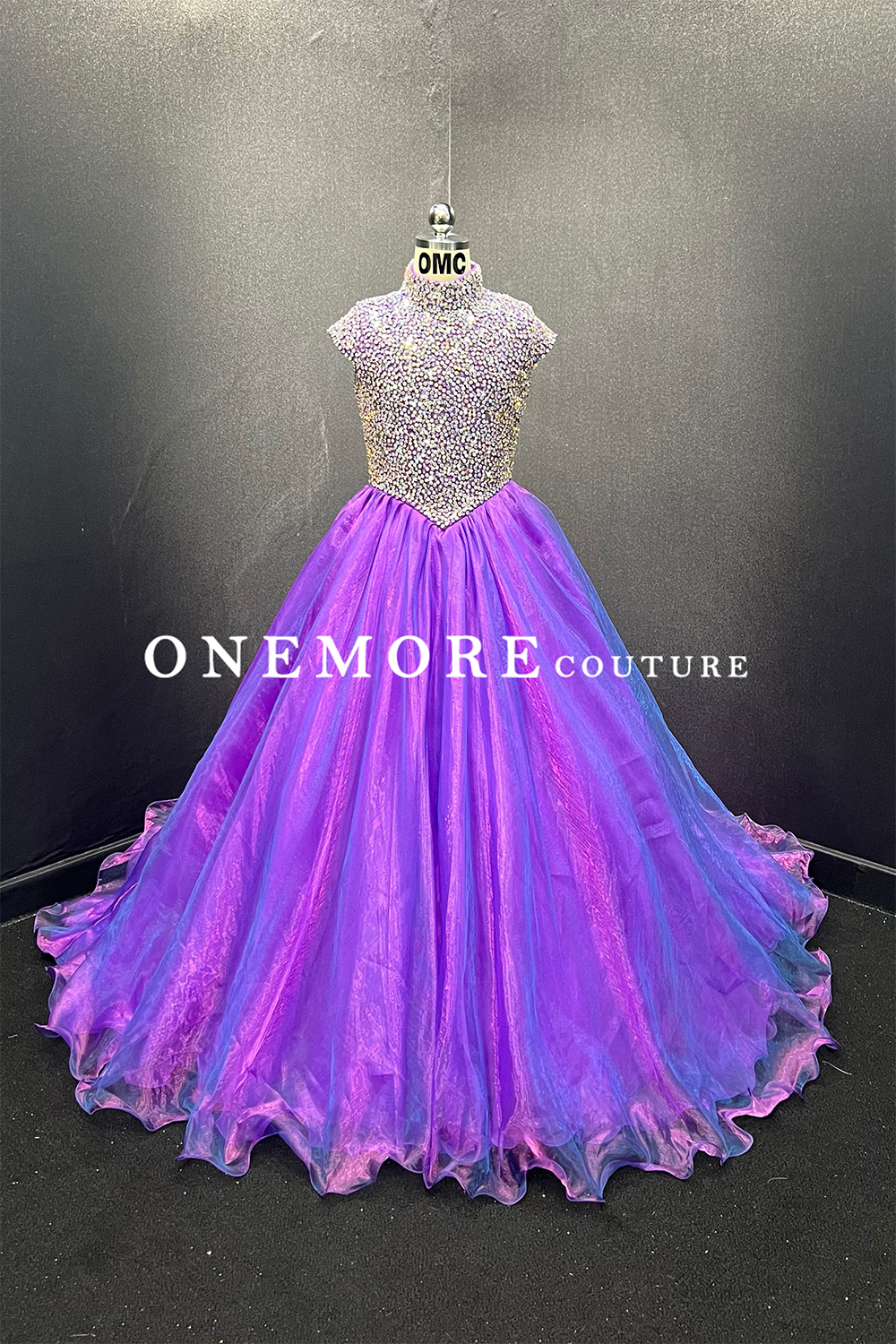 Purple Ombre Organza Pageant Gown with Beaded Bodice & High Neck