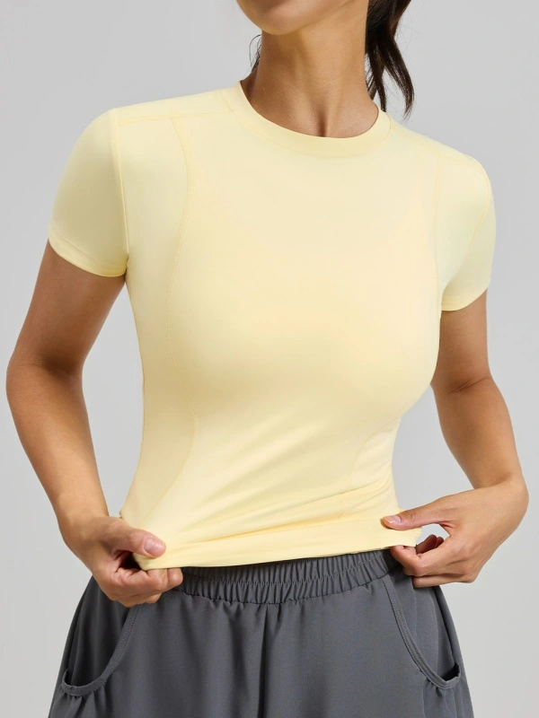 Crew Neck Slim-Fit Figure-Flattering Tight Sports Fitness Short Sleeve ...