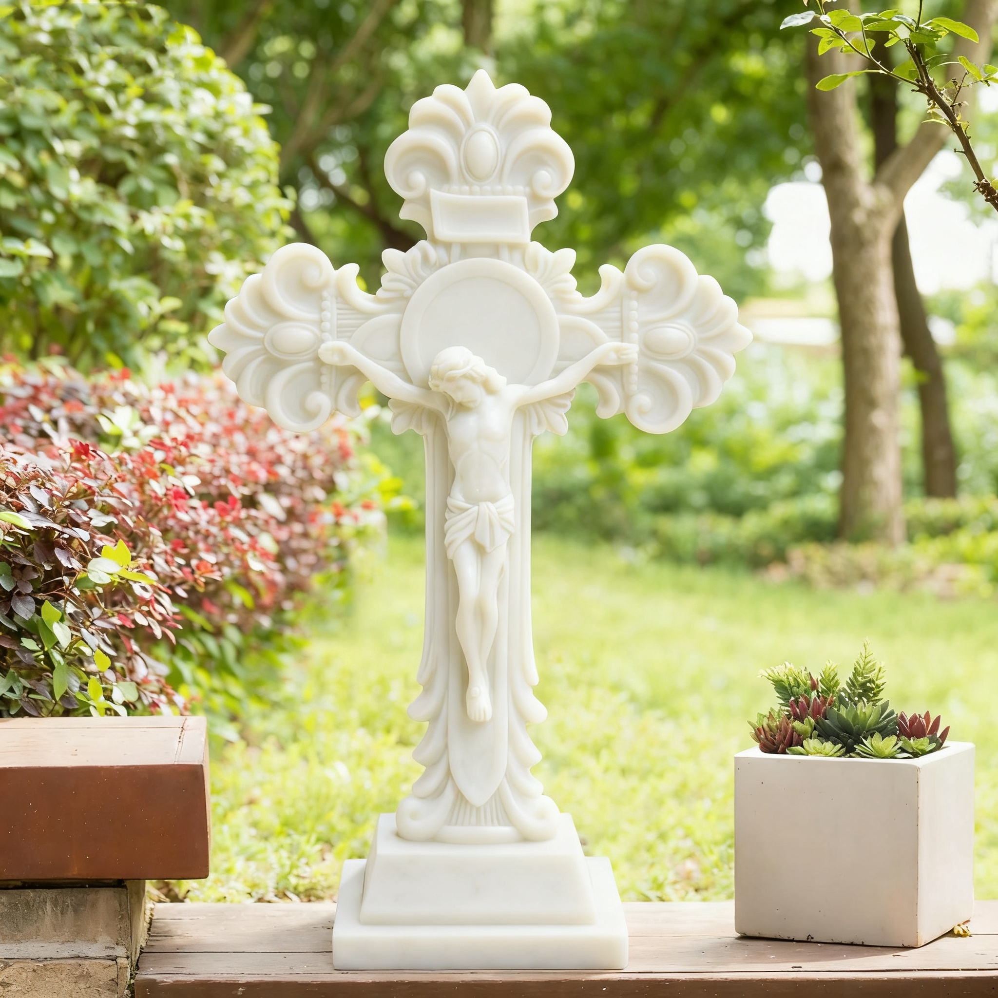 PREMIUM Sculpture Holy Cross Jesus Crucifix Marble Statue Garden Decor