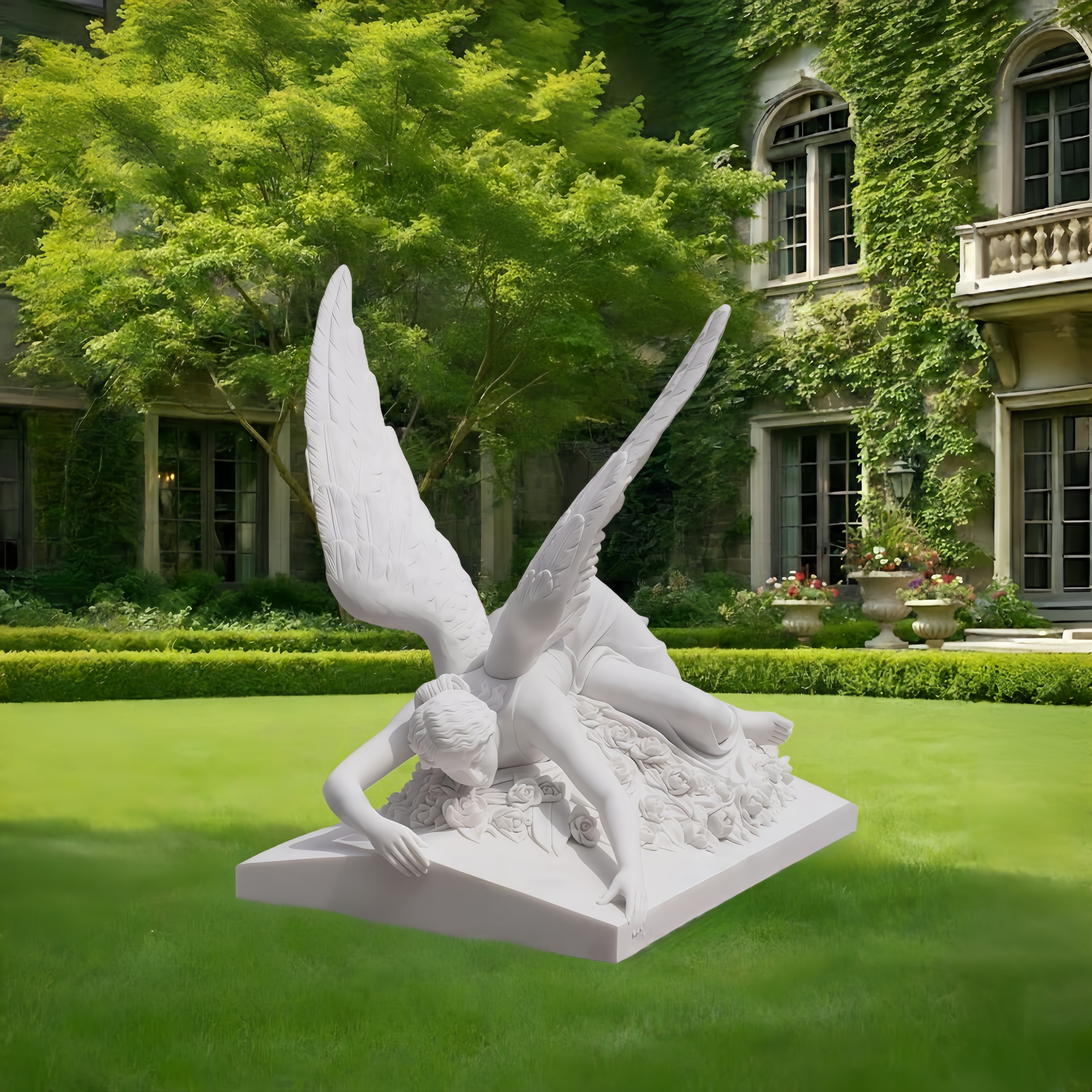 PREMIUM Custom Sculpture White Marble Fallen Angel Garden Memorial Statue