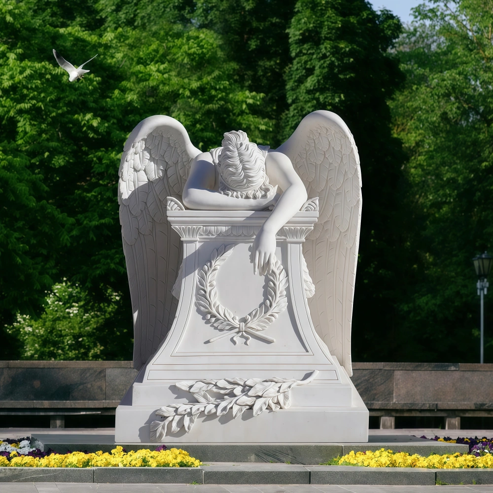PREMIUM White Marble Angel Monument Majestic Memorial Sculpture for ...
