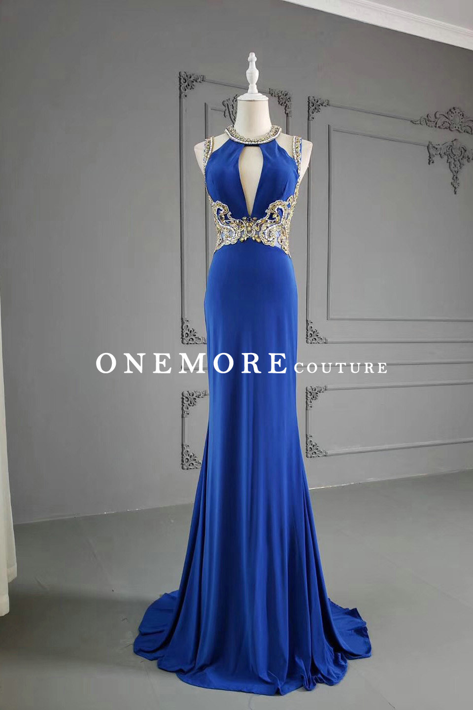 Royal Blue Keyhole Evening Gown with Crystal Waist Detail
