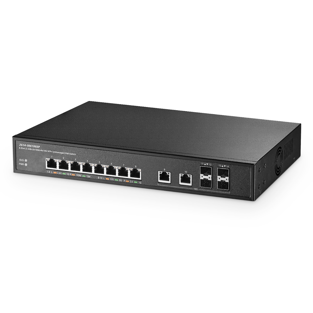 14 Port 10G PoE Switch, 8x2.5G POE, 2x10G RJ45, 4x10G SFP+, IEEE8023af ...
