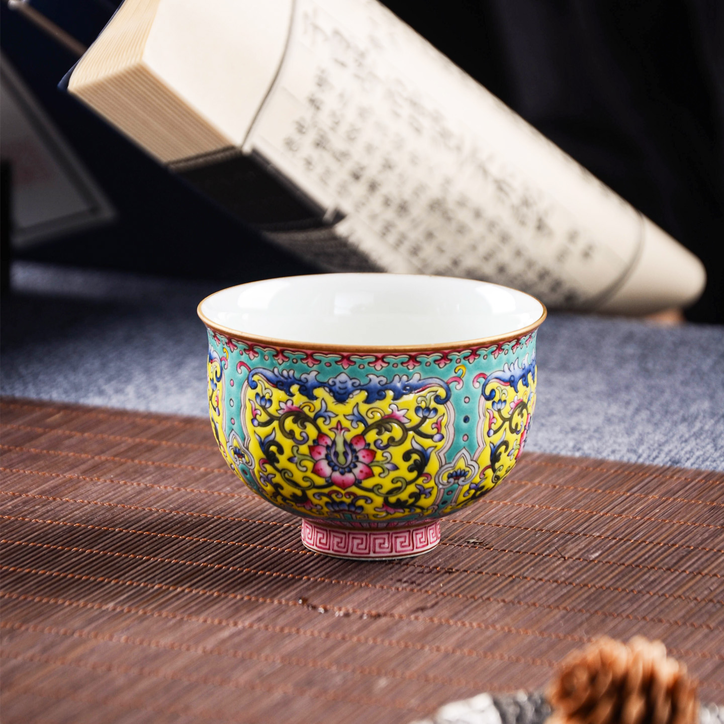 Ceramicpavilion|Yellow Ground Scrolling Lotus Master Cup|Handmade