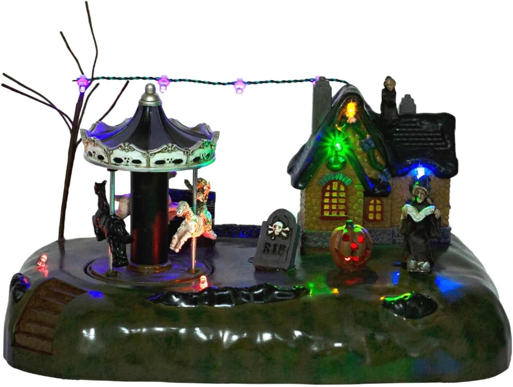 Animated Halloween Carousel Village House, LED Spooky Festival Display ...
