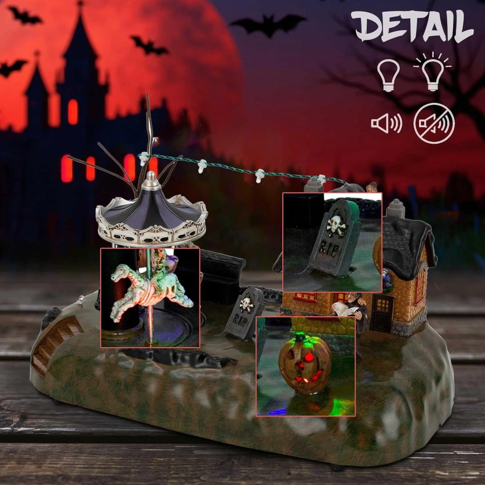 Animated Halloween Carousel Village House, LED Spooky Festival Display ...
