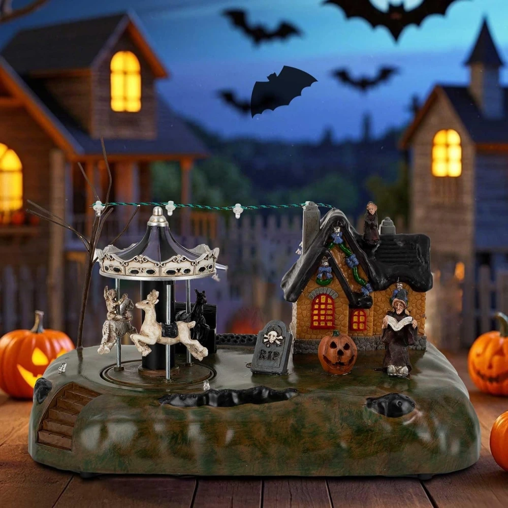 Animated Halloween Carousel Village House, LED Spooky Festival Display ...