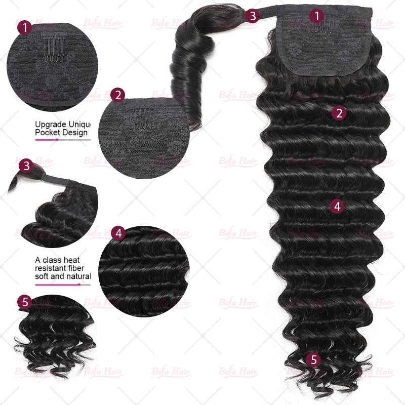 Wholesale Wrap-around Magic Velcro Deep Wave Hair Ponytail With Clip In ...