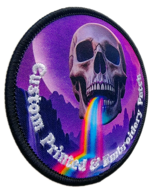 Custom Skull Rainbow Patch Sample | Printed & Embroidered with Iron-On Backing