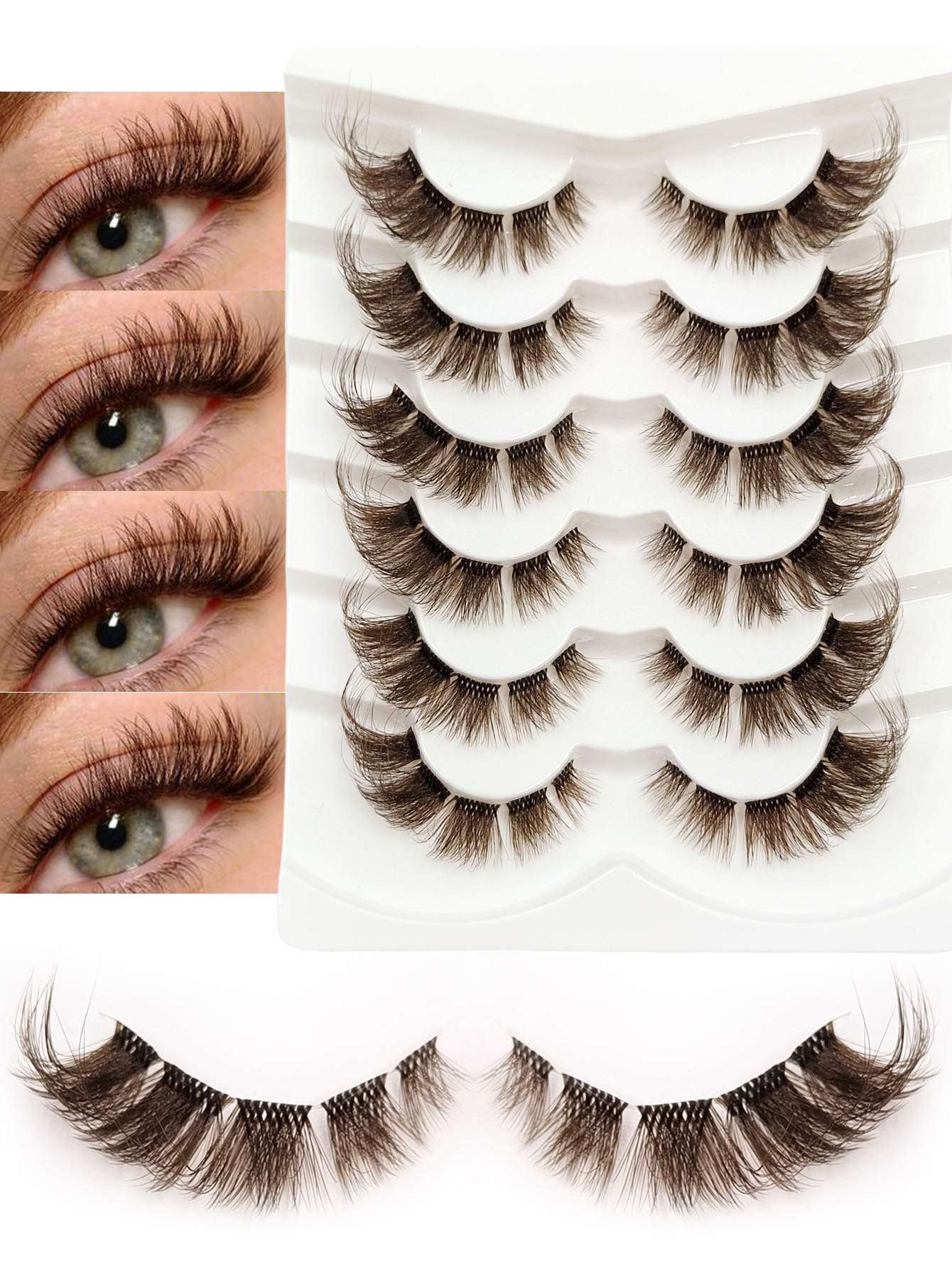 6 Pairs Brown Natural Cat Eye Faux Mink Eyelashes, Transparent Lash ...