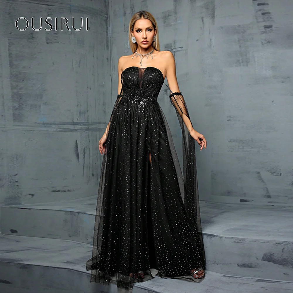 Sweetheart Split Prom Dresses A-line Sleeveless Sequined Tulle Floor ...