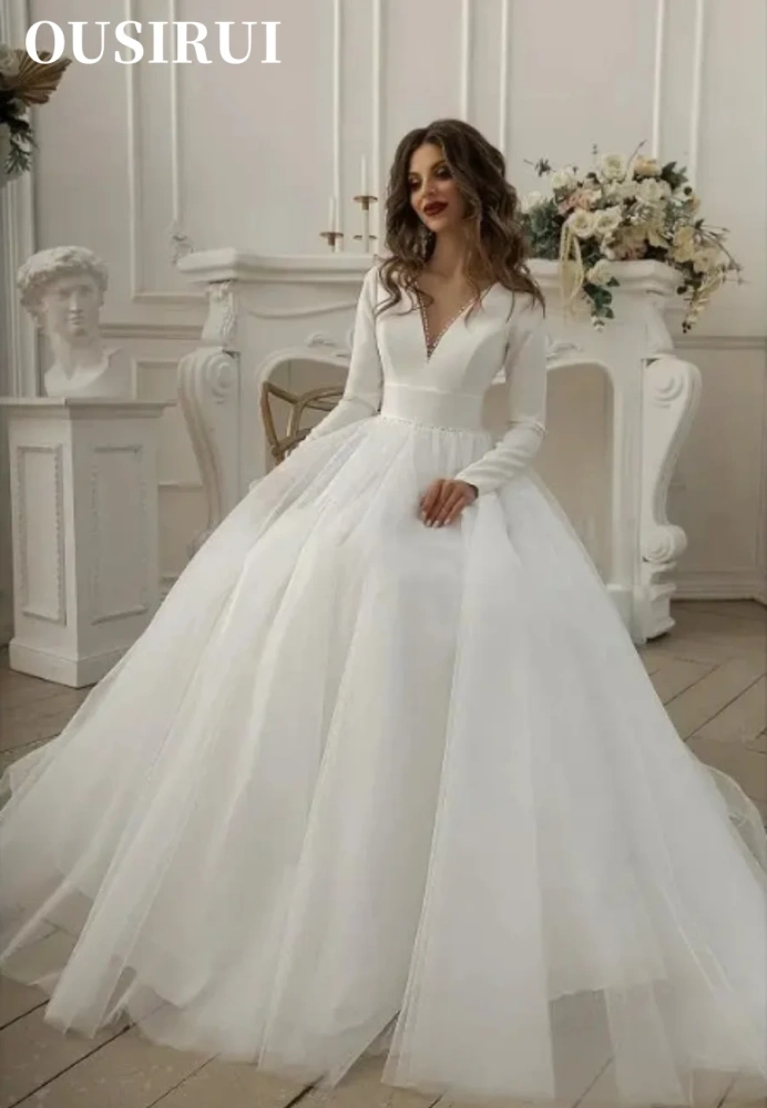 A Line V Neck Beaded Tulle Skirt Bridal Gowns Lace-up Simple Long ...
