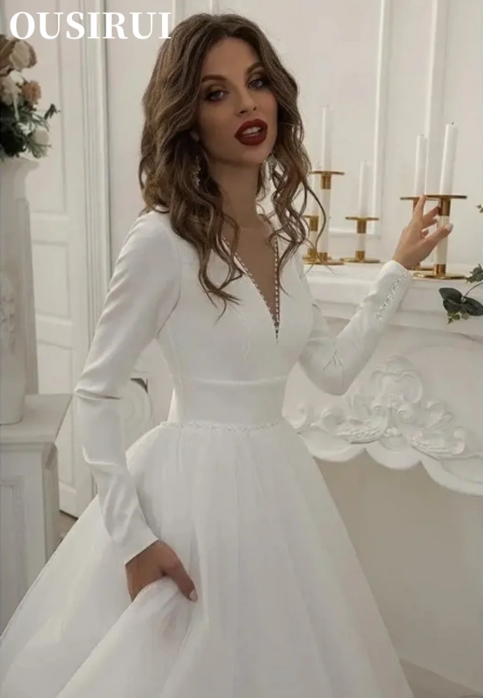 A Line V Neck Beaded Tulle Skirt Bridal Gowns Lace-up Simple Long ...