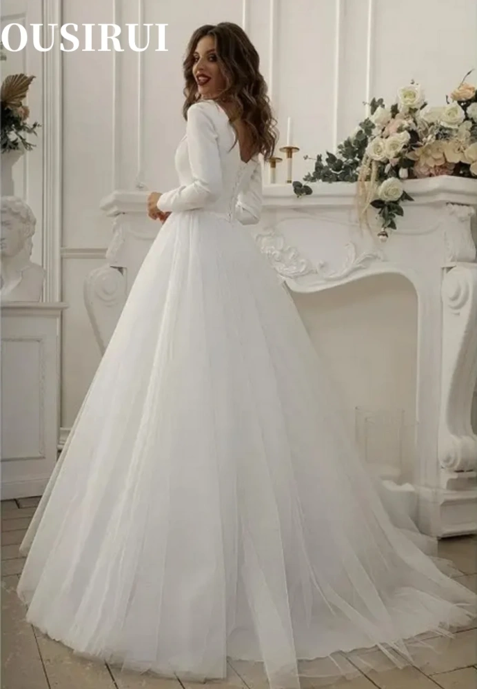 A Line V Neck Beaded Tulle Skirt Bridal Gowns Lace-up Simple Long ...
